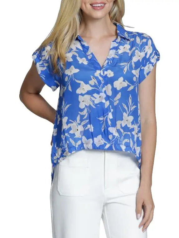 APNY Print Wrap Front High-low Cotton Top - Blue/white Floral