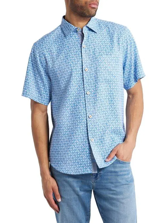 Tommy Bahama Weave In The Moment Short Sleeve Linen Button-up Shirt - Blue Monday