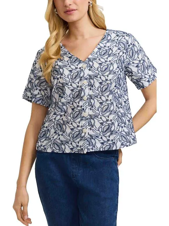 Foxcroft Isabel Floral Embroidered Cotton Top - White/ Navy