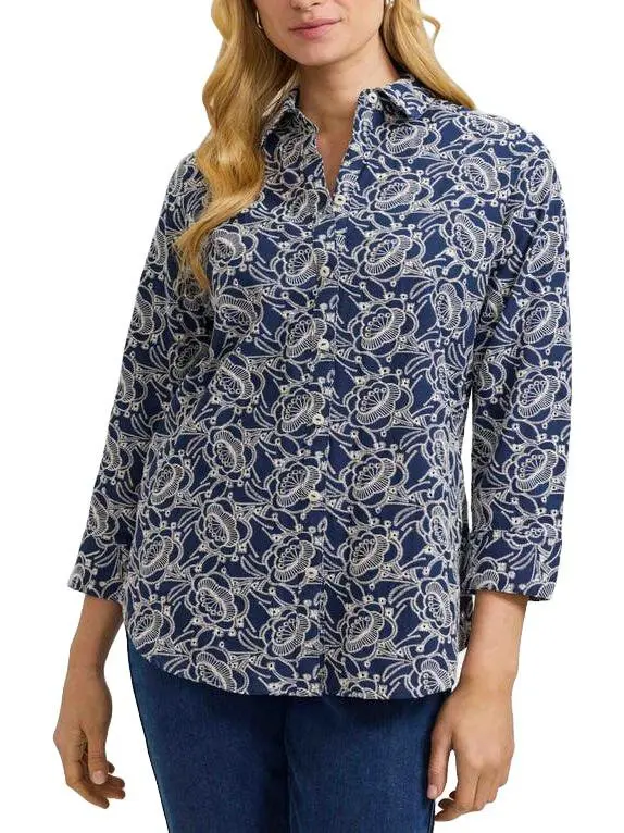Foxcroft Zoey Embroidered Eyelet Shirt - Navy/ White