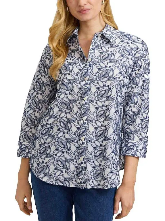 Foxcroft Zoey Embroidered Eyelet Shirt - White/ Navy