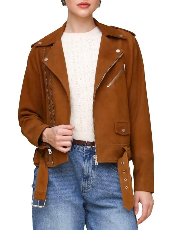 Avec Les Filles Belted Suede Moto Jacket - Camel