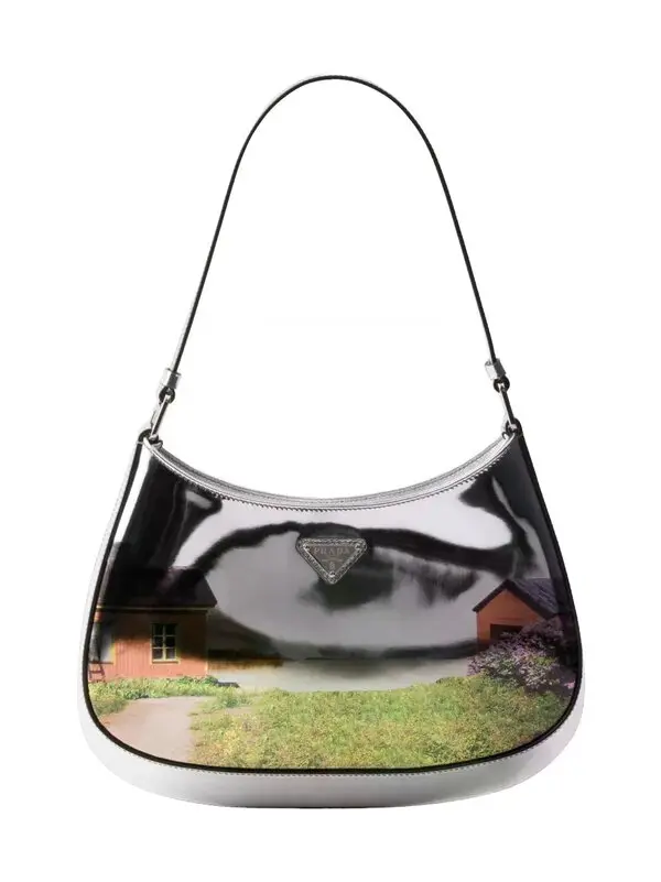 Prada Cleo Printed Brushed Leather Shoulder Bag - Silver