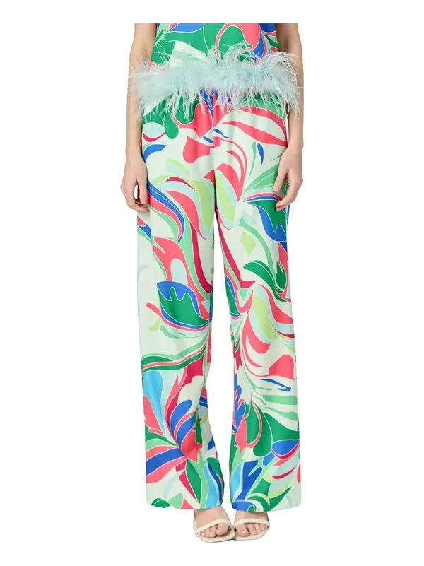English Factory Abstract Print Wide Leg Pants - Green/ Blue Multi