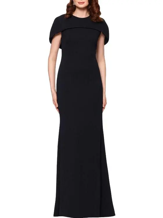Betsy & Adam Cape Short Sleeve Gown - Black