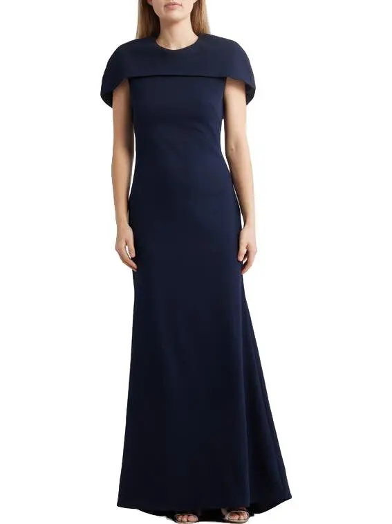 Betsy & Adam Cape Short Sleeve Gown - Navy