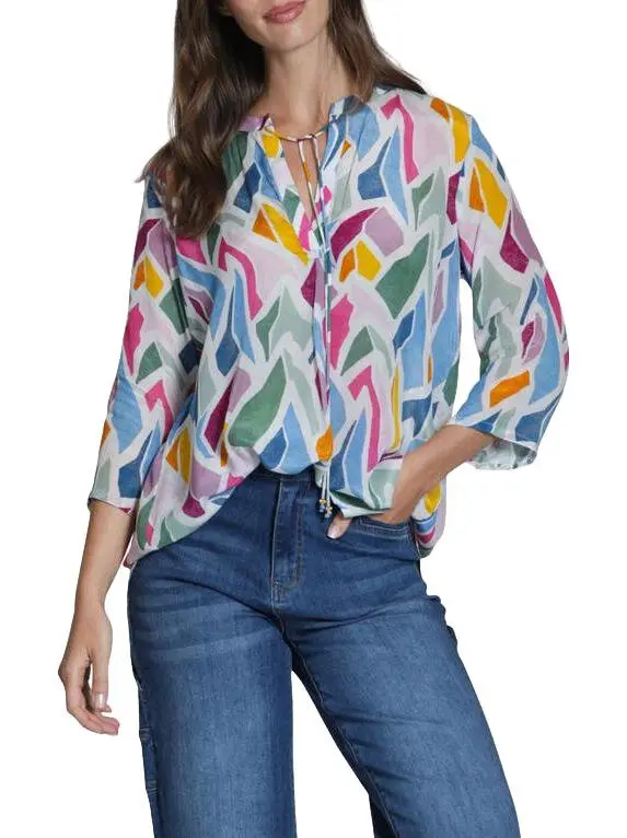 APNY Print Tassel Split Neck Chiffon Top - Bluepink Multi