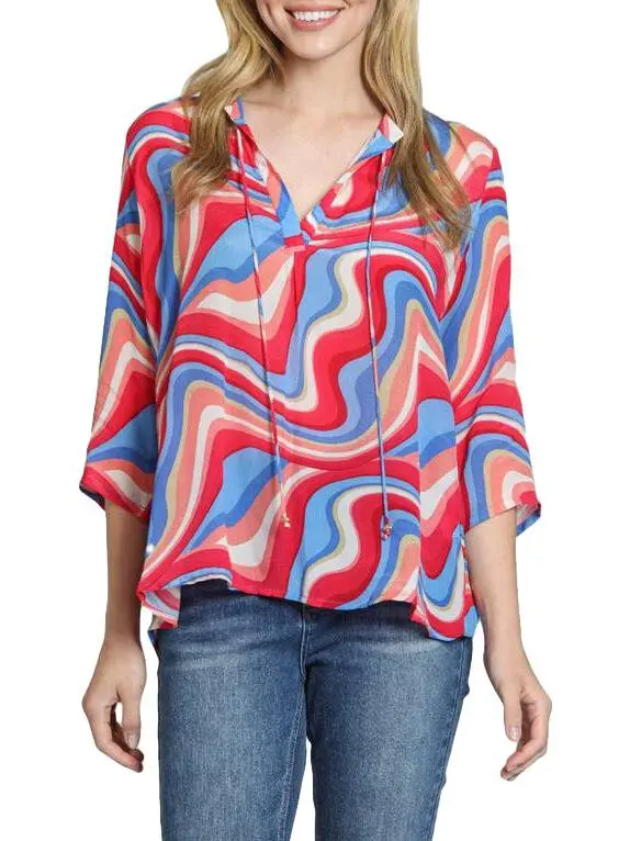 APNY Print Tassel Split Neck Chiffon Top - Pink/ Blue Multi