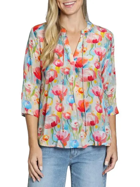APNY Print Tassel Split Neck Chiffon Top - Pink/ Coral Multi