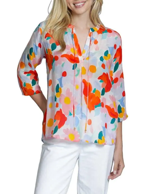 APNY Print Tassel Split Neck Chiffon Top - Pinkorange Multi