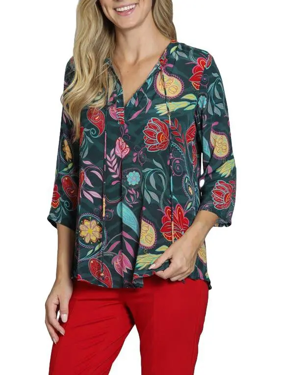 APNY Print Tassel Split Neck Chiffon Top - Red/yellow Multi