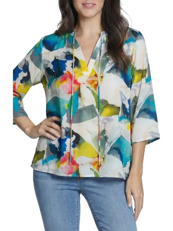 APNY Print Tassel Split Neck Chiffon Top - Teal Blue Multi