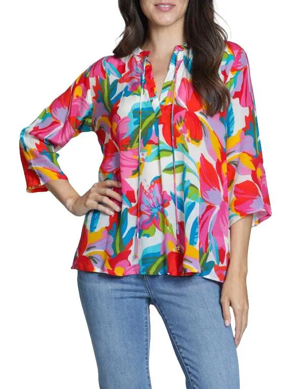 APNY Print Tassel Split Neck Chiffon Top - Whitepink