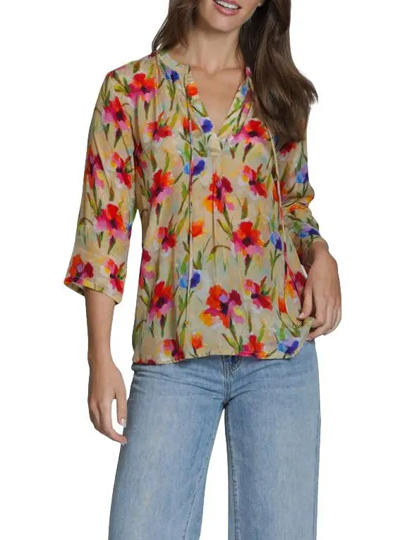 APNY Print Tassel Split Neck Chiffon Top - Yellowred Multi