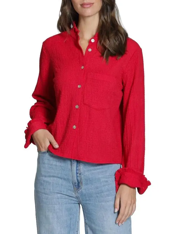 APNY Ruffle Long Sleeve Crop Button-up Shirt - Red