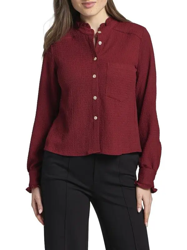 APNY Ruffle Long Sleeve Crop Button-up Shirt - Wine