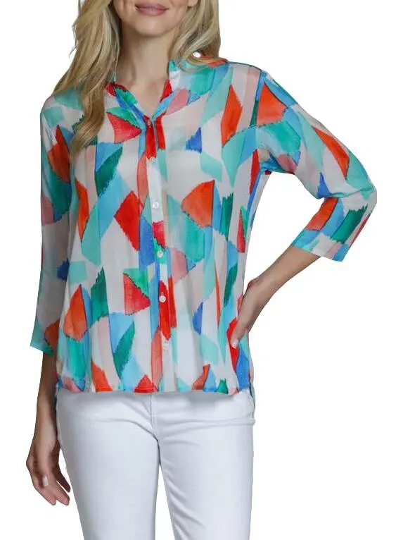 APNY Mixed Stripe Mandarin Collar Button-up Shirt - Orange Turquoise Multi