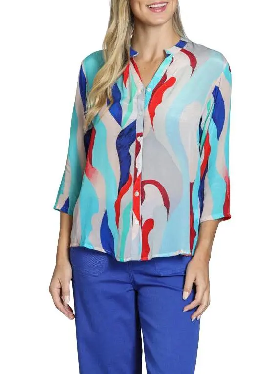 APNY Mixed Stripe Mandarin Collar Button-up Shirt - Turquoise Multi