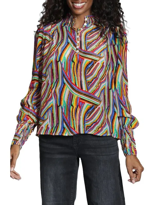 APNY Print High Neck Shirt - Red Blue Multi