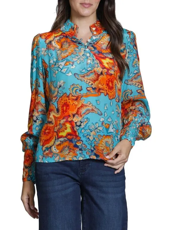 APNY Print High Neck Shirt - Turquoise Orange Multi