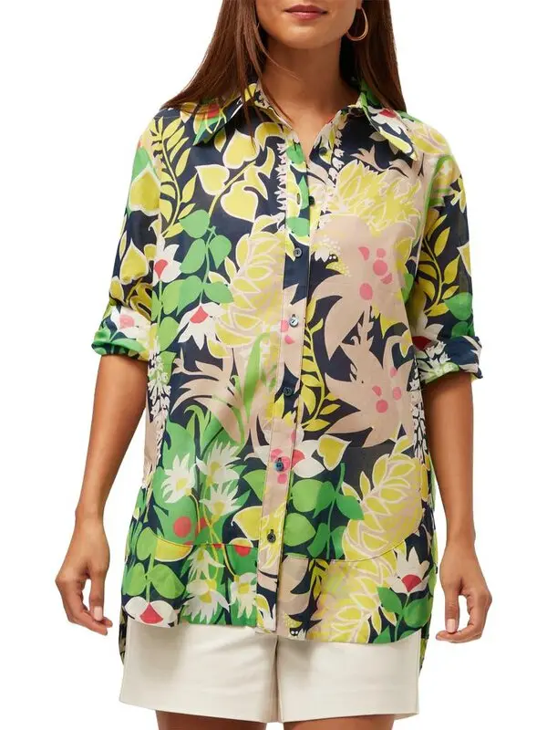 Trina Turk Cotton Voile Button-up Top - Floral Green Multi