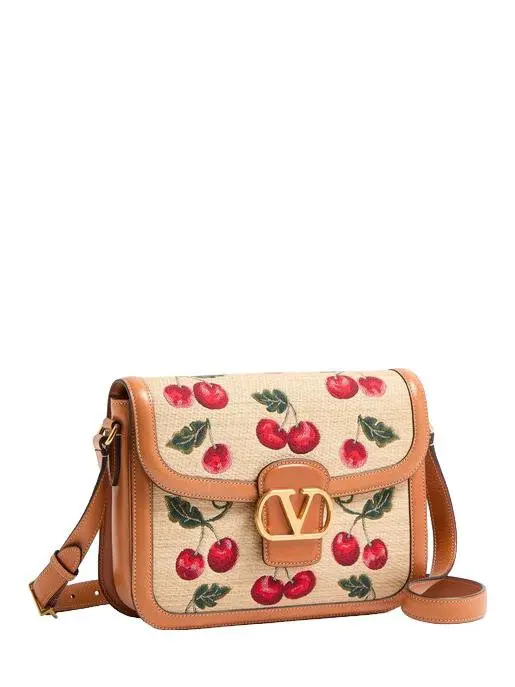 Valentino Garavani 9to5 Shoulder Bag In Jacquard Raffia With Cherryfic Motif - Red
