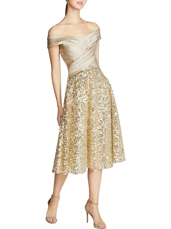 Theia Brandy Off-shoulder Sequin Midi Dress - Champange