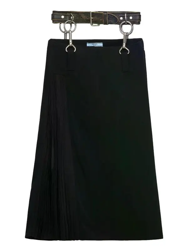 Prada Belted Pleated Midi Skirt - Black