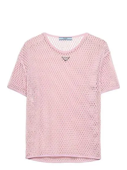 Prada Triangle-logo Cotton Mesh-knit Top - Pink
