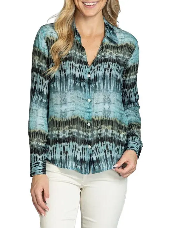 APNY Abstract Print Roll Tab Sleeve Button-up Shirt - Bright Blue Multi