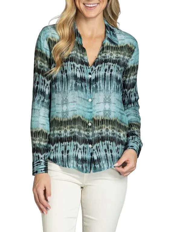 APNY Abstract Print Roll Tab Sleeve Button-up Shirt - Bright Blue Multi
