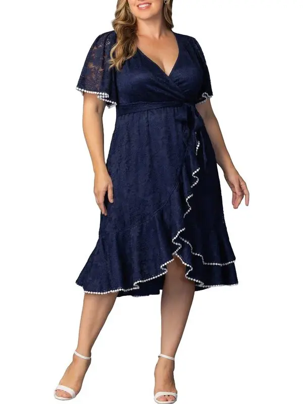 KIYONNA Palermo Lace Faux Wrap Dress - Navy Blue