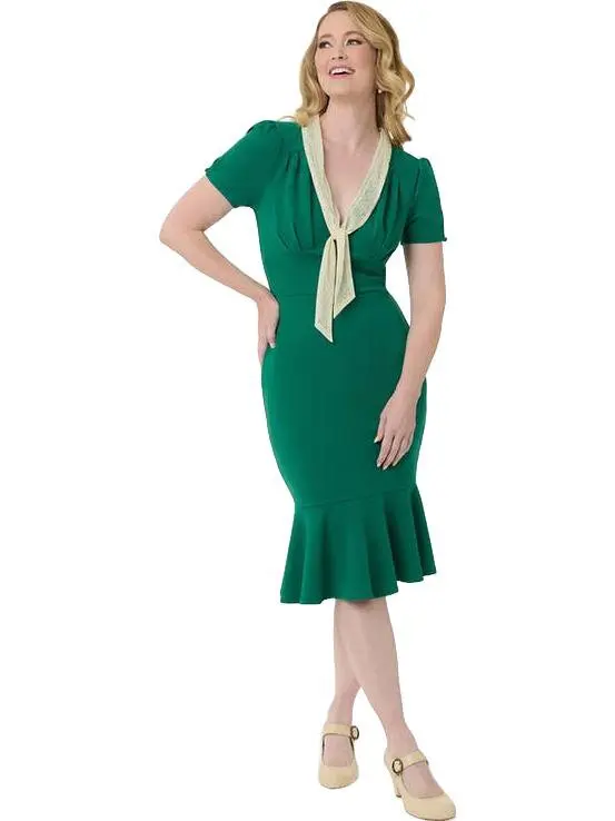 Unique Vintage Knit Holloway Peplum Wiggle Dress - Forest Green
