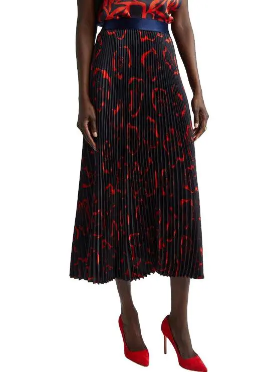 St. John Floral Print Pleated Midi Skirt - Midnight/ Geranium