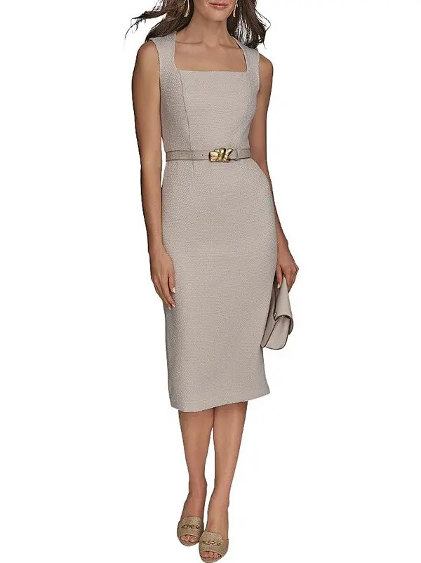 Donna Karan New York Belted Tweed Midi Dress - Dark Clay/cream