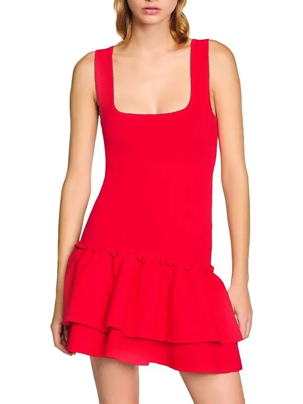 Sandro Ruffled Short Knit Dress - Red