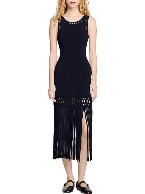 Sandro Fringed Knit Midi Dress - Black