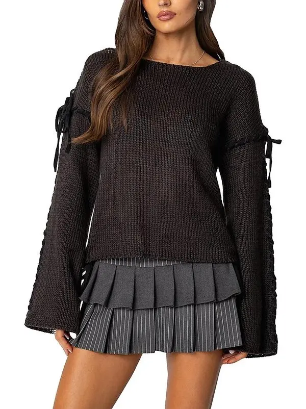 EDIKTED Amelia Lace Up Sleeve Sweater - Dark Gray
