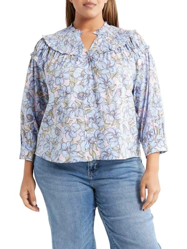 Wit & Wisdom Print Smocked Yoke Top - Rose Bloom/ Blue Crush Multi