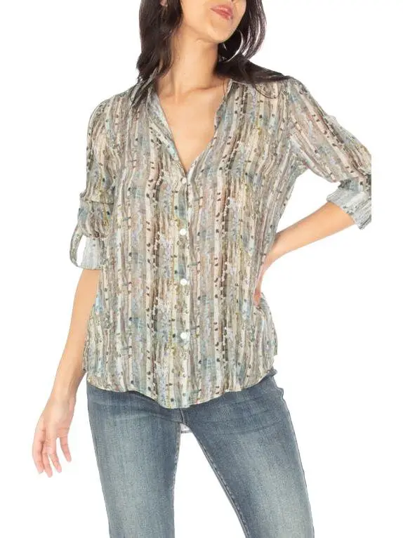 APNY Print Roll Tab Sleeve Button-up Shirt - Beige Multi