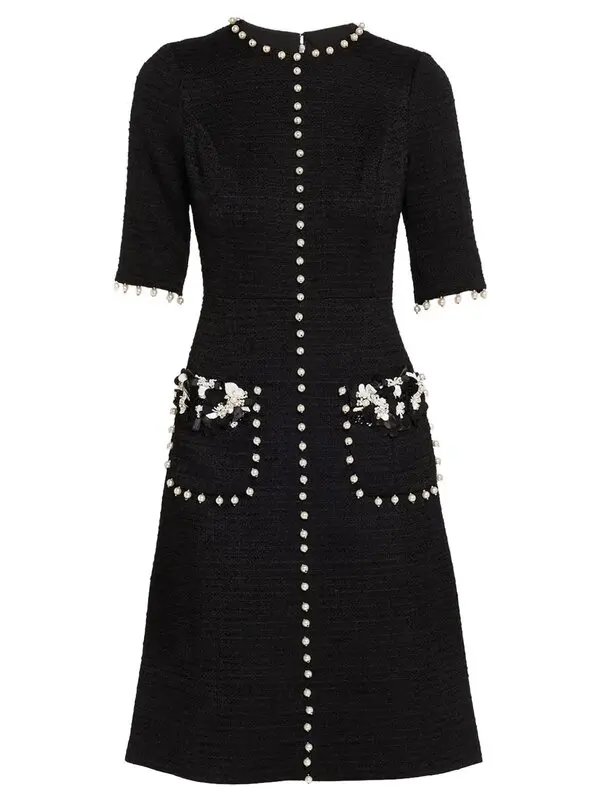 Rickie Freeman For Teri Jon Bead-embellished Boucle Dress - Black Whit