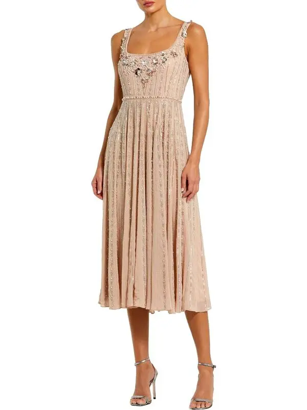 Mac Duggal Sleeveless Beaded Georgette Midi Dress - Rose