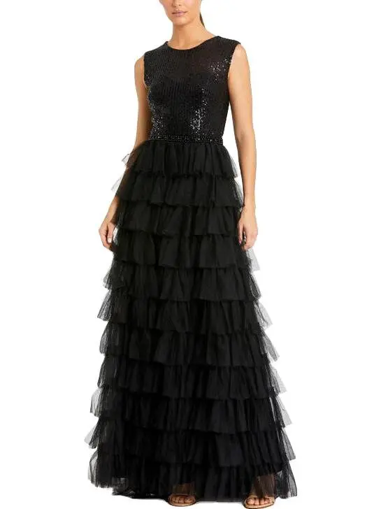 Mac Duggal Ruffle Tiered Sequin High Neck Gown - Black