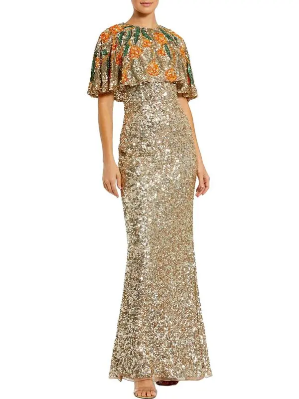 Mac Duggal Embellished Floral Beaded And Sequin Cape Gown - Gold Multi