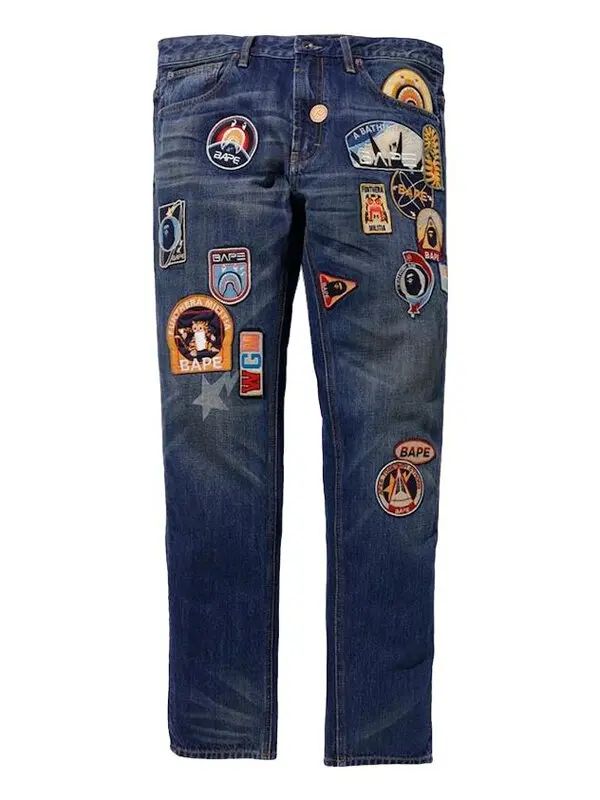 A BATHING APE Slim Fit Crazy Patch Jeans - Indigo
