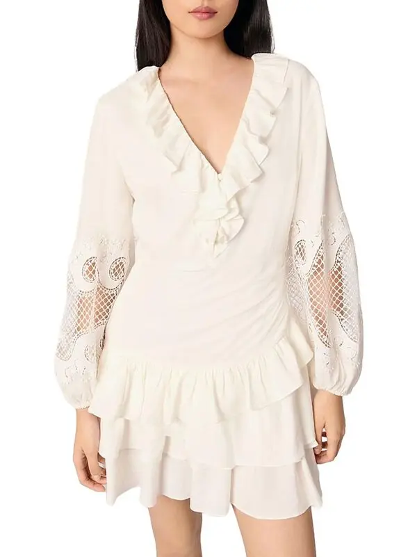 Maje Ruffled And Embroidered Sleeve Dress - Ecru