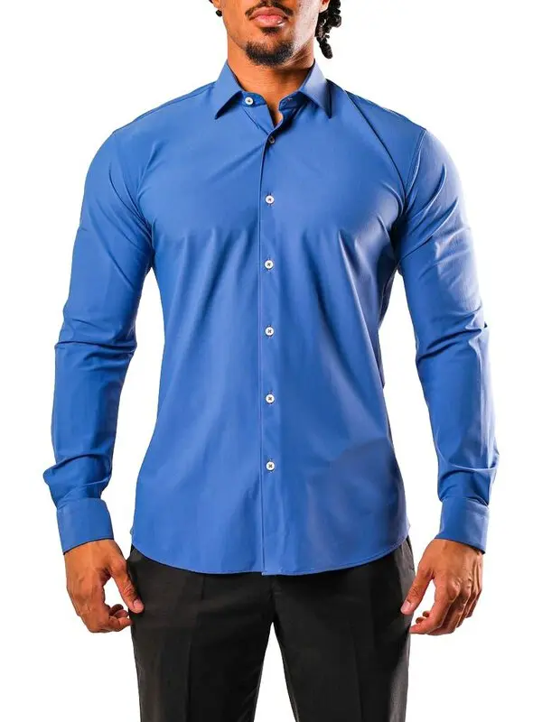MACEOO Fibonacci Stretcheuroyale Cotton Blend Button-up Shirt - Blue