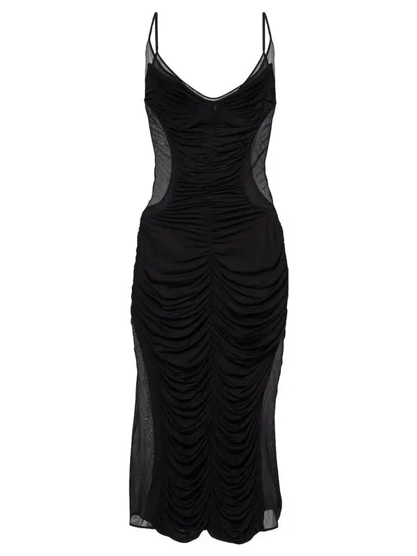 MUGLER Ruched Mesh Midi Dress - Black