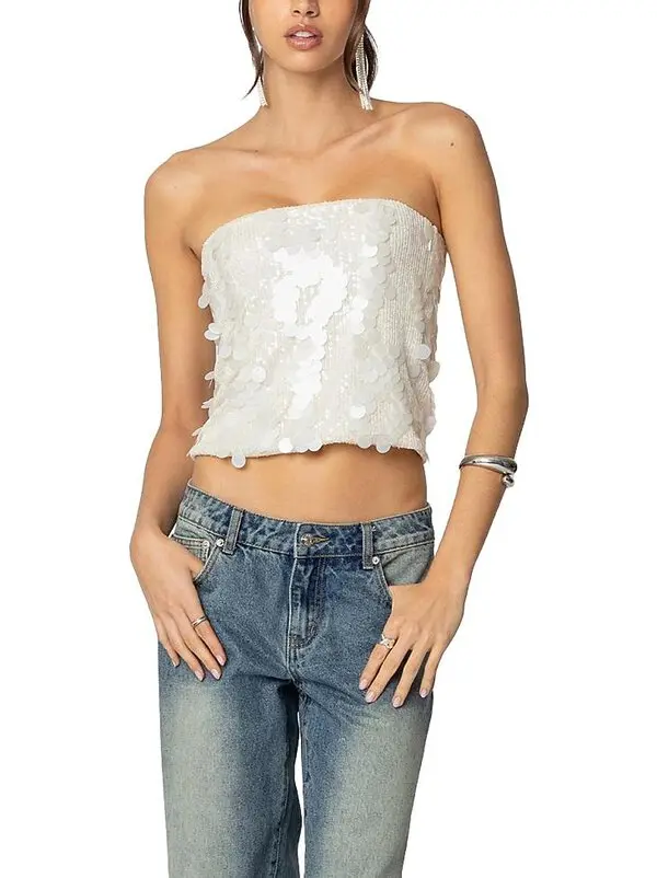 EDIKTED Samara Sequin Strapless Top - Cream