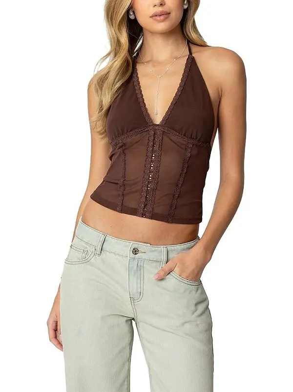 EDIKTED Lucie Lacey Mesh Halter Top - Brown